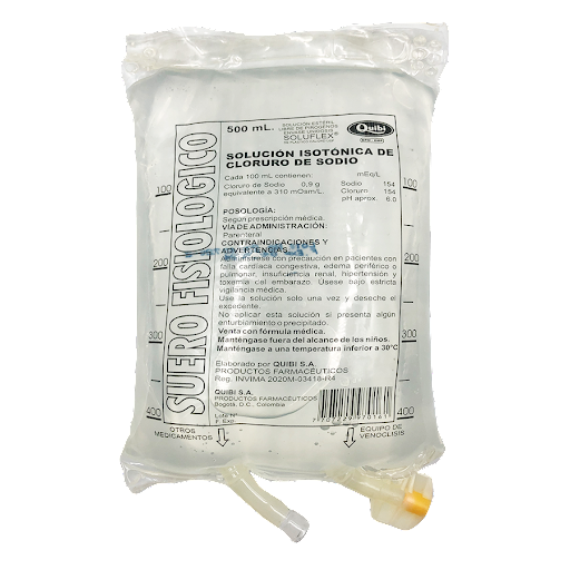 Suero Fisiológico Cloruro de Sodio Quibi Bolsa x 500 ml