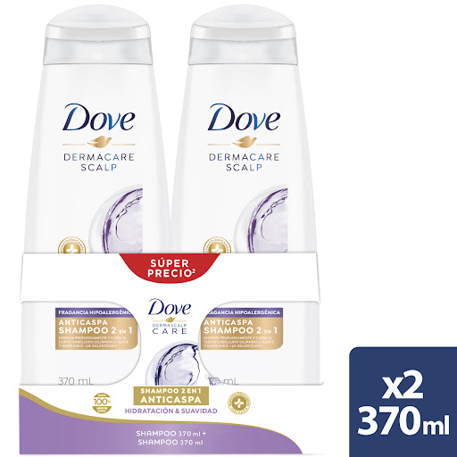 Shampoo Dove Anticaspa 2 en 1 Hidratación y Suavidad Dermacare Escala 2 x 370 ml